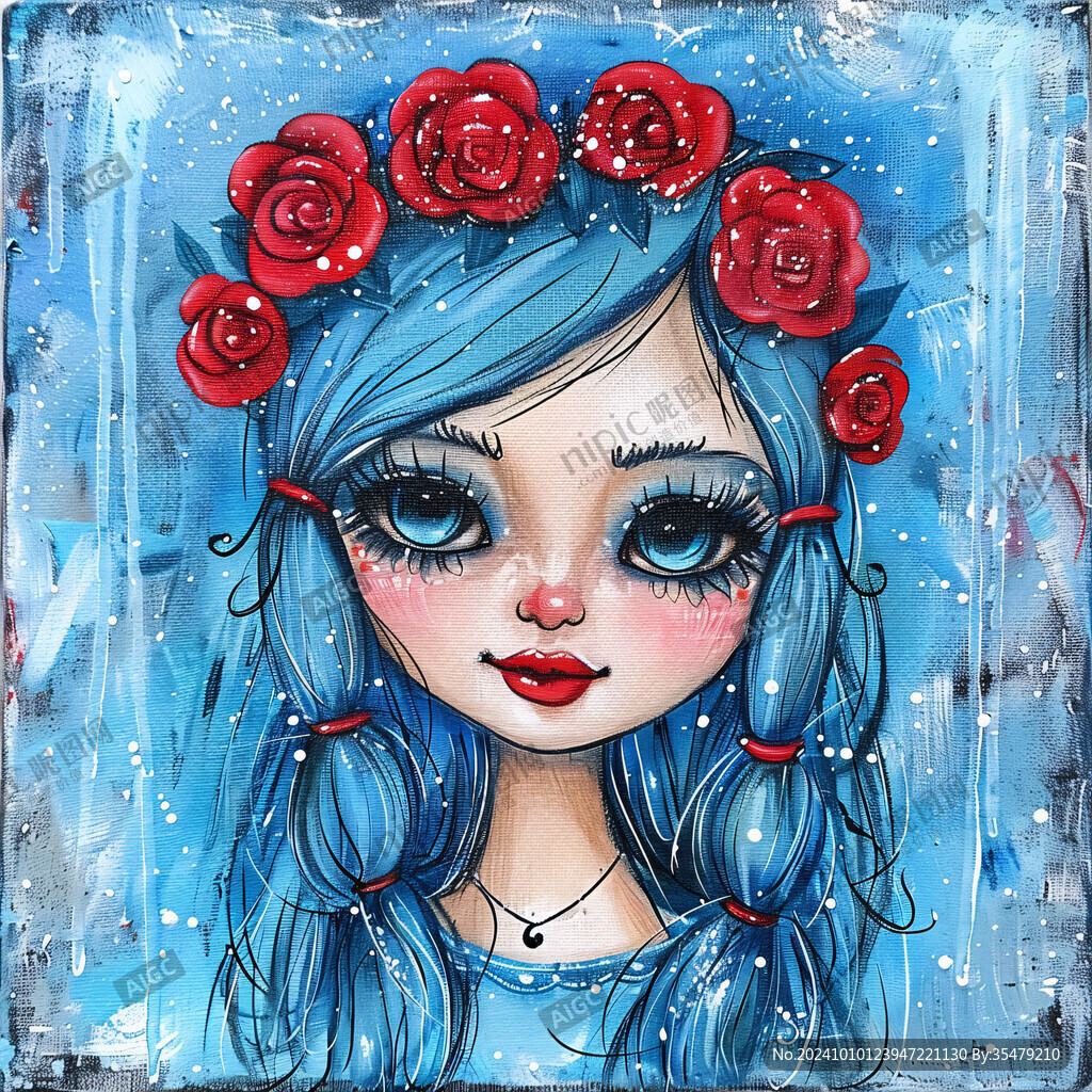 Ai创作图红色头花少女长发 玫瑰花插画女孩 手绘玫瑰花女孩 漂亮女孩插画 玫瑰女郎手绘插画 女孩无框画 卡通女孩装饰画 女孩装饰画 女孩插画装饰画 手绘卡通女孩装饰画 无框画女孩 水彩美少女