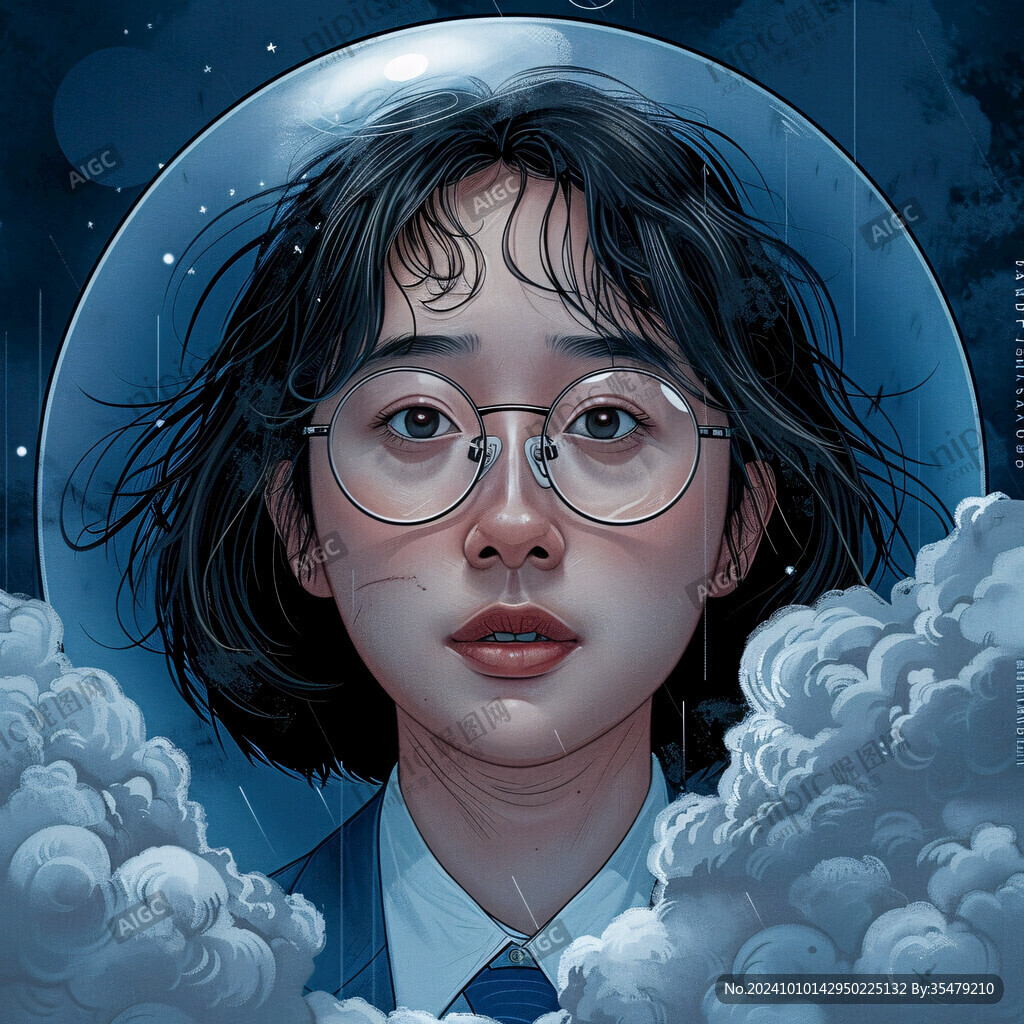 Ai创作图人物情绪插画 写实人物插画 插画人物戴眼镜女孩 少女海报插画 青春风少女插画 头像插画定制 人物插画海报 插画半身像 星空女孩插画 人物封面插画 意境人物插画 眼镜女孩插画 戴眼镜