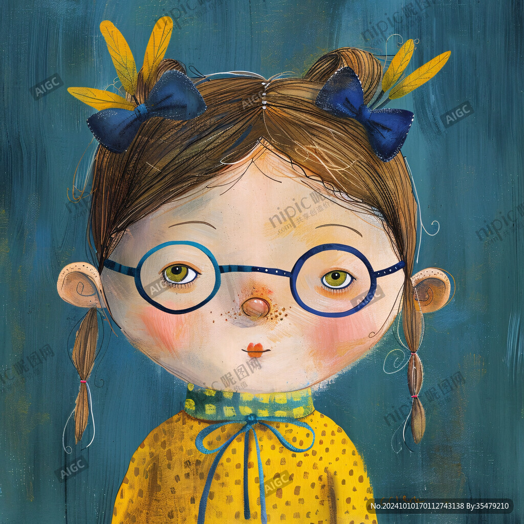 Ai创作图戴眼镜女孩插画 水彩小女孩插画设计 小女孩插画 插画人物戴眼镜女孩 小姑娘插画 怡然自得的小女孩插画 插画小女孩 蓝色女孩插画 手绘眼镜女孩 聪慧的小女孩插画 小女孩系列插画 戴眼镜
