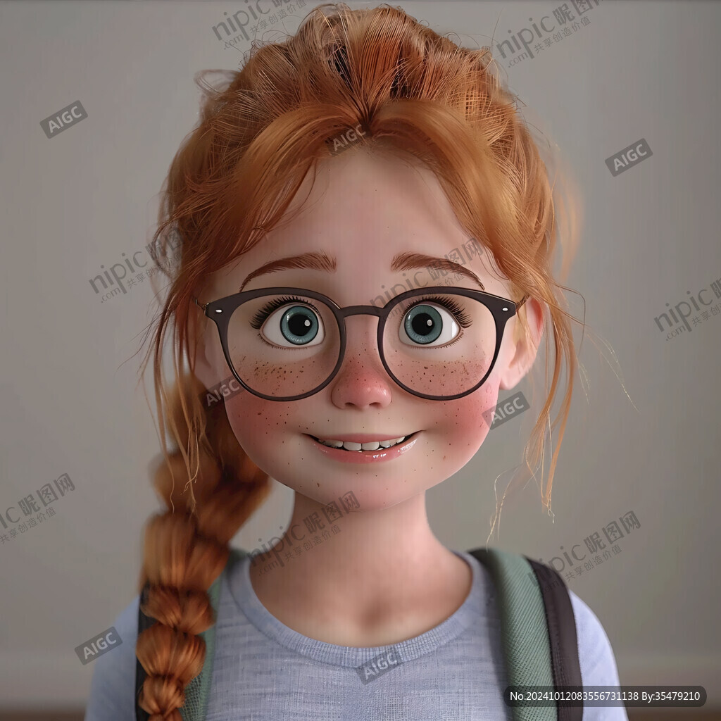 Ai创作图插画人物戴眼镜女孩 红发麻花辫小女孩 写实人物插画 卡通写实人物 大眼可爱女孩 手绘俏皮女孩头像插画 插画小女孩 写实卡通人物 插画头像长辫子女孩 戴眼镜女孩插画 开心女孩头像 眼镜