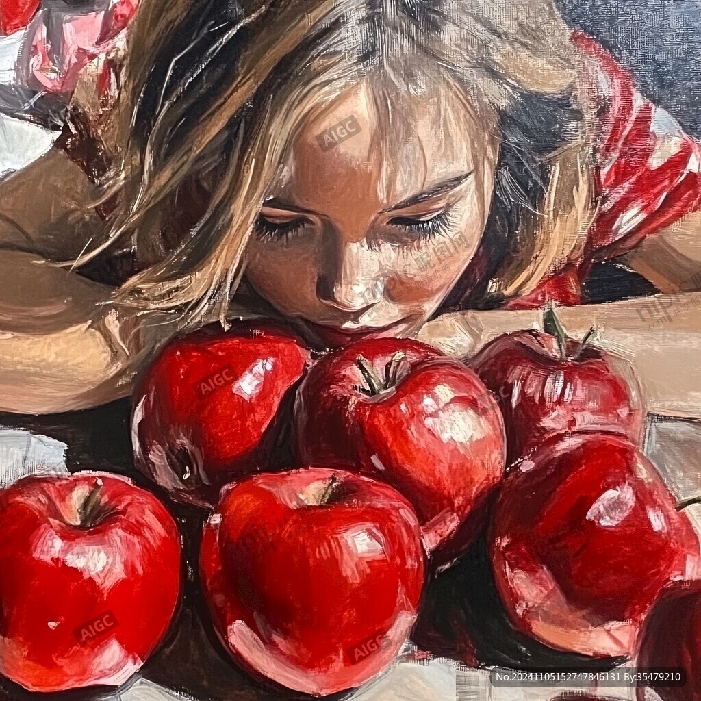 Ai创作图超写实插画 苹果水果插画女孩 手绘座在苹果上的姑娘 红苹果美人 漂亮的水果油画 油画感苹果 写实人物绘画 超写实油画 苹果美术绘画 苹果艺术画 意大利写实油画漫画 写实主义绘画 油画