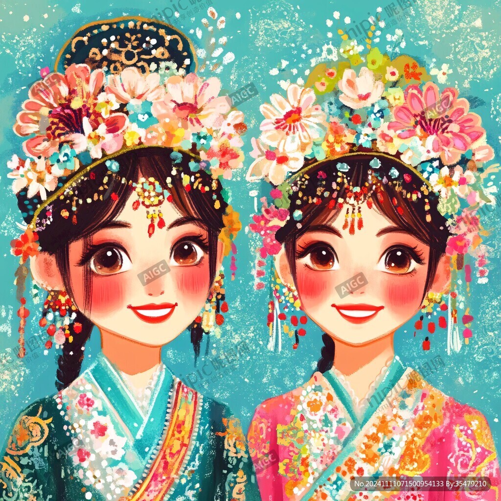 Ai创作图中式新娘插画 民族女孩原创插画 Q版朝鲜族 纳西族女孩插画 Q版纳西族女孩 国潮新郎新娘 Q版朝鲜族女孩 苗族女孩插画 花袄姑娘 国潮新娘 中式卡通新娘 少数民族女孩插画 Q版少数