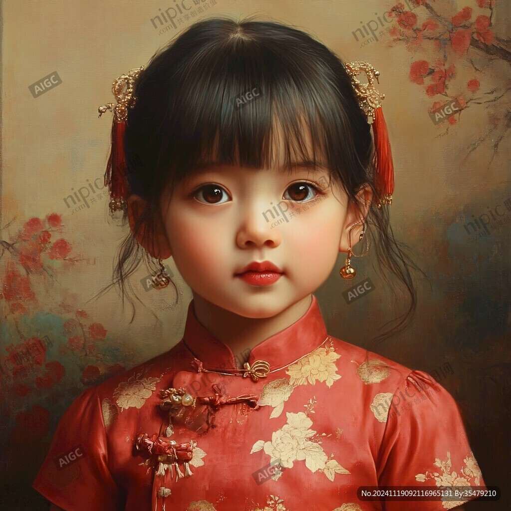 Ai创作图新中式女孩 古典小女孩 古装小女孩头像 儿童q版人像 照片工笔画 女儿红 古风小女孩 写实人物绘画 厚涂头像 红衣小女孩 红衣服小女孩 春节女孩头像 写实人物插画 喜庆女孩头像 古代