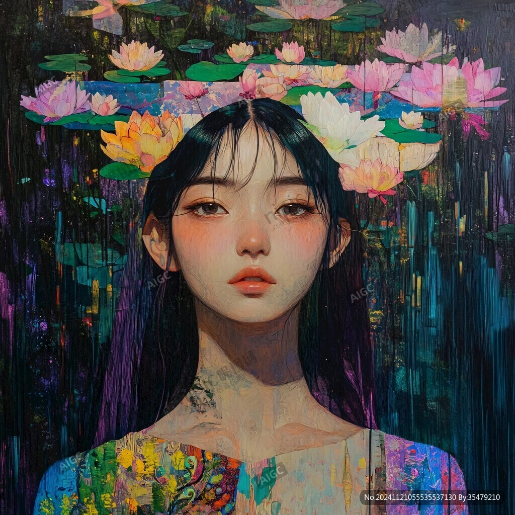 Ai创作图插画人像 原创女孩插画 仙气女孩插画 手绘荷花女孩 女生插画绘画 数字油画插画设计 意境人物插画 插画梦幻女孩 少女系列插画 插画姑娘 荷花女孩 鱼与少女 人像插画 仲夏风荷塘侍女