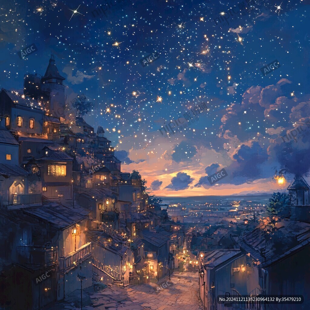 AI创作图日系风景插画 动漫场景插画 梦幻夜景插画 新海诚动漫风装饰画 唯美的小镇 美好的夜晚插画 二次元梦幻插画 画面般唯美的小镇 唯美治愈 ...