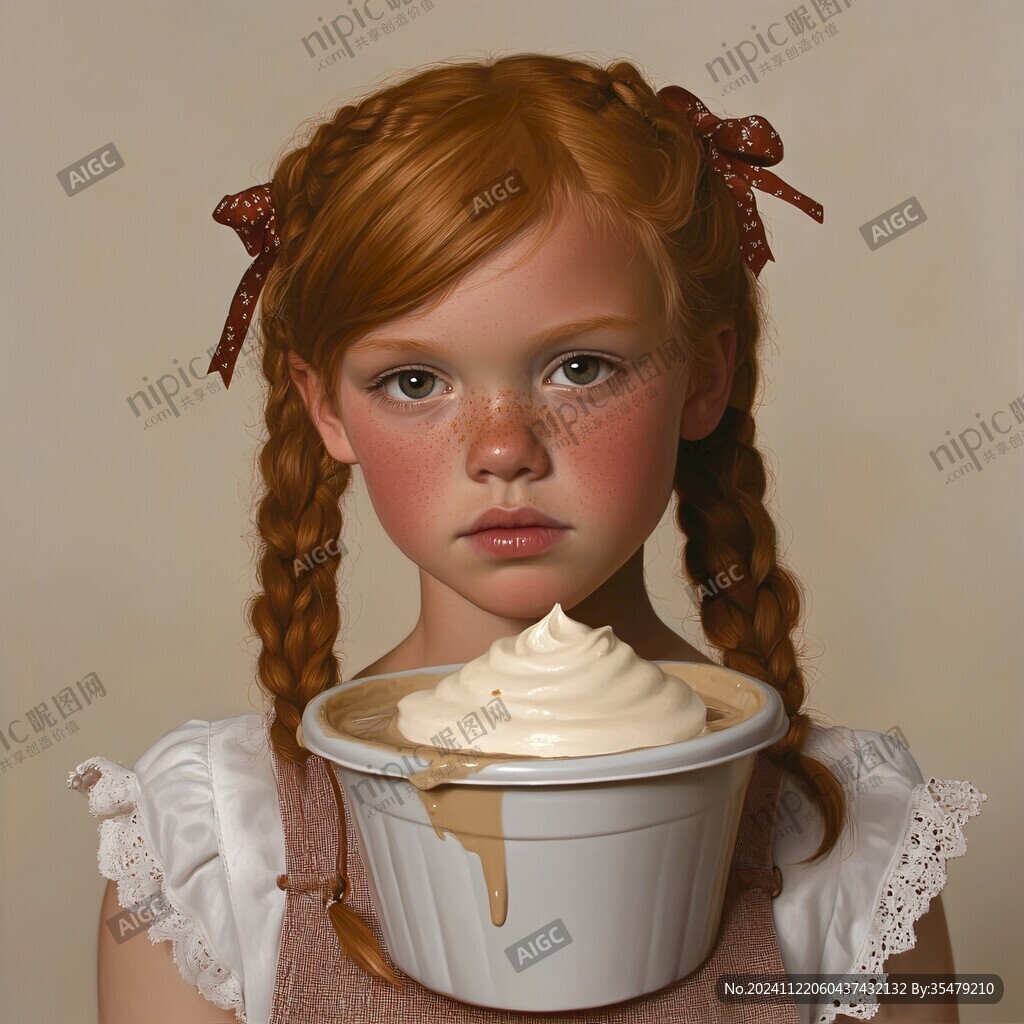 Ai创作图超写实插画 原创厚涂 写实人物绘画 厚涂头像 Cg绘画作品 奶茶小女孩 写实唯美插画 红发麻花辫小女孩 写实的肖像画 写实少女 高精女孩原画稿 小女孩儿插 3d女娃 厚涂手绘 写实