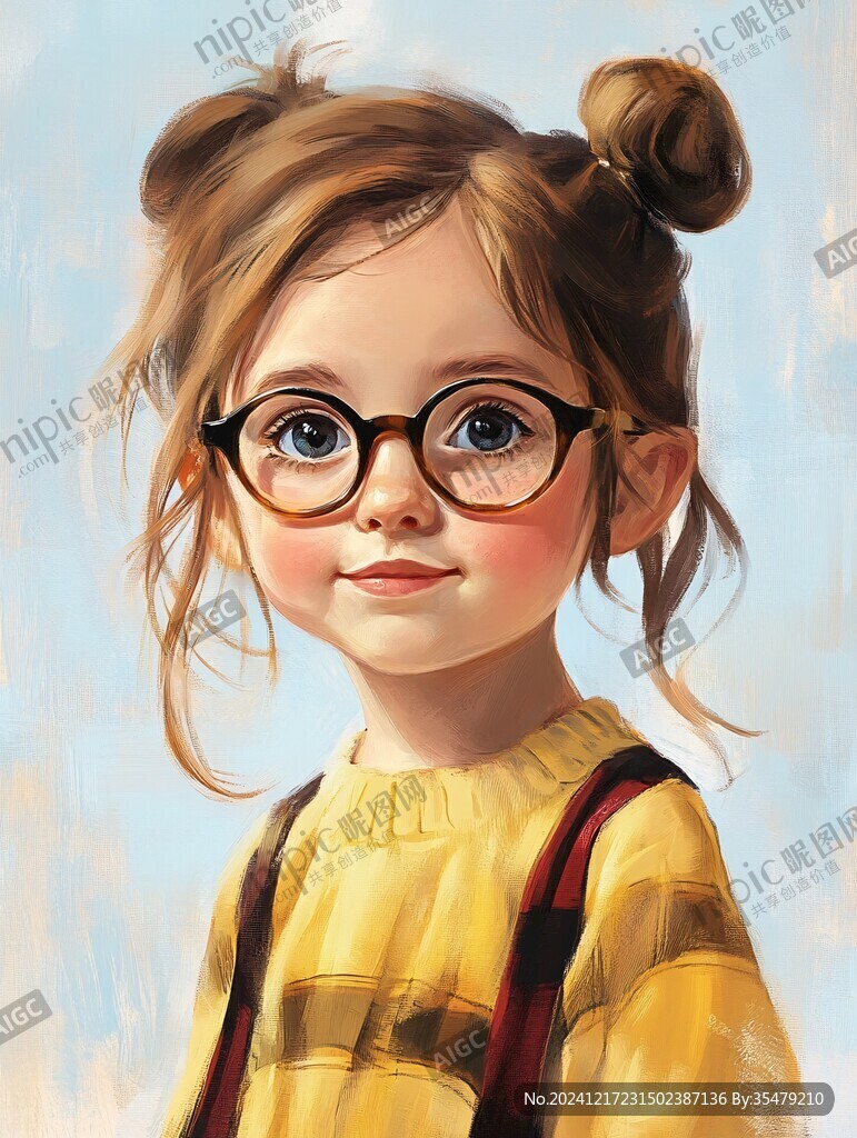 Ai创作图写实人物插画 厚涂头像 儿插少女 板绘人像 儿童q版人像 眼镜女孩插画 原创女孩插画 插画人物戴眼镜女孩 小女孩儿插 小女孩系列插画 戴眼镜女孩插画 插画小女孩 数字肖像插画 原创小