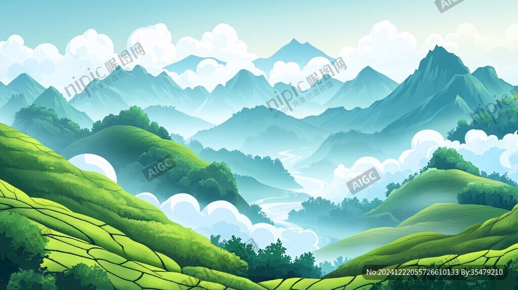Ai创作图茶山插画 山水茶园插画 茶园风景插画 茶园插画 包装插画手绘茶山 茶田插画 山川田野 茶园插画茶包装插画 茶山背景 山风景插画包装 茶叶发源地插画 山水茶 春天的山川田野 茶园背景画