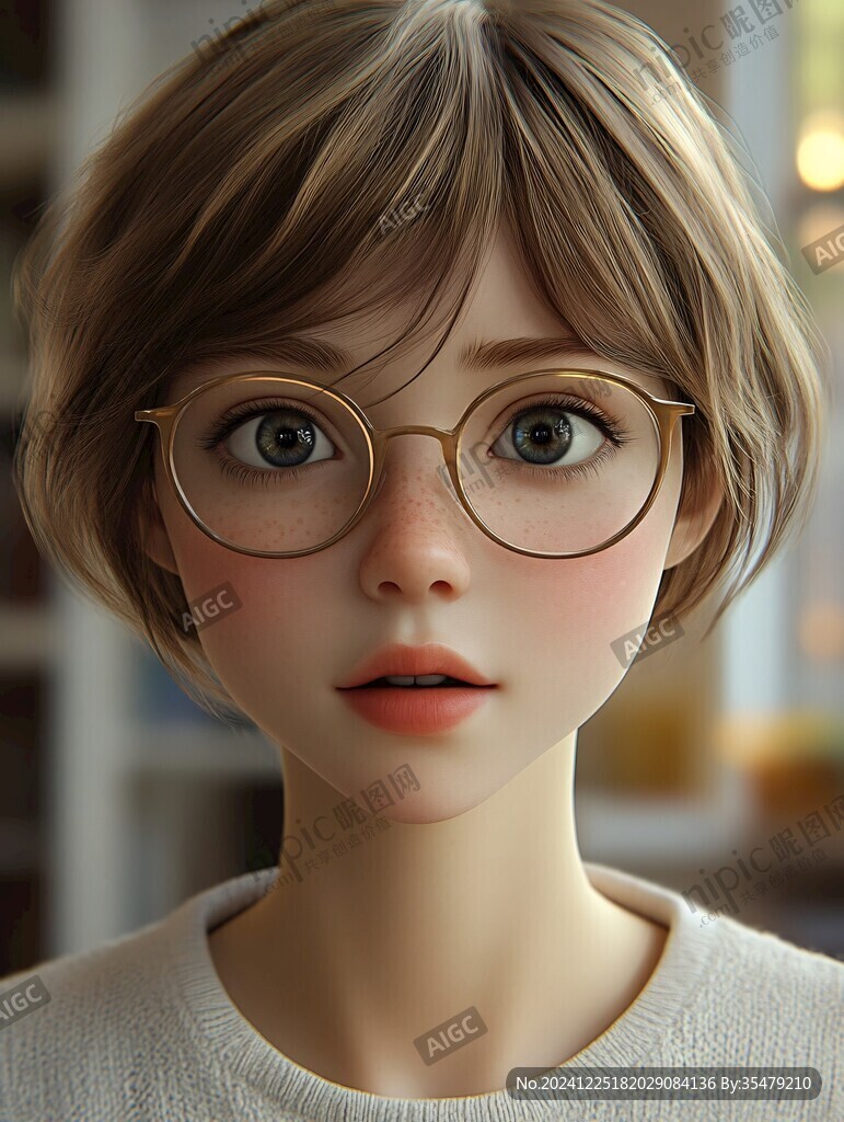 Ai创作图插画人物戴眼镜女孩 3d女娃 眼镜女孩插画 3d卡通女孩 人物插画短发女生 3d效果女孩 Cg头像 原创厚涂 写实卡通人物 3d人物形象 写实漫画人物 戴眼镜女孩插画 3d卡通人物