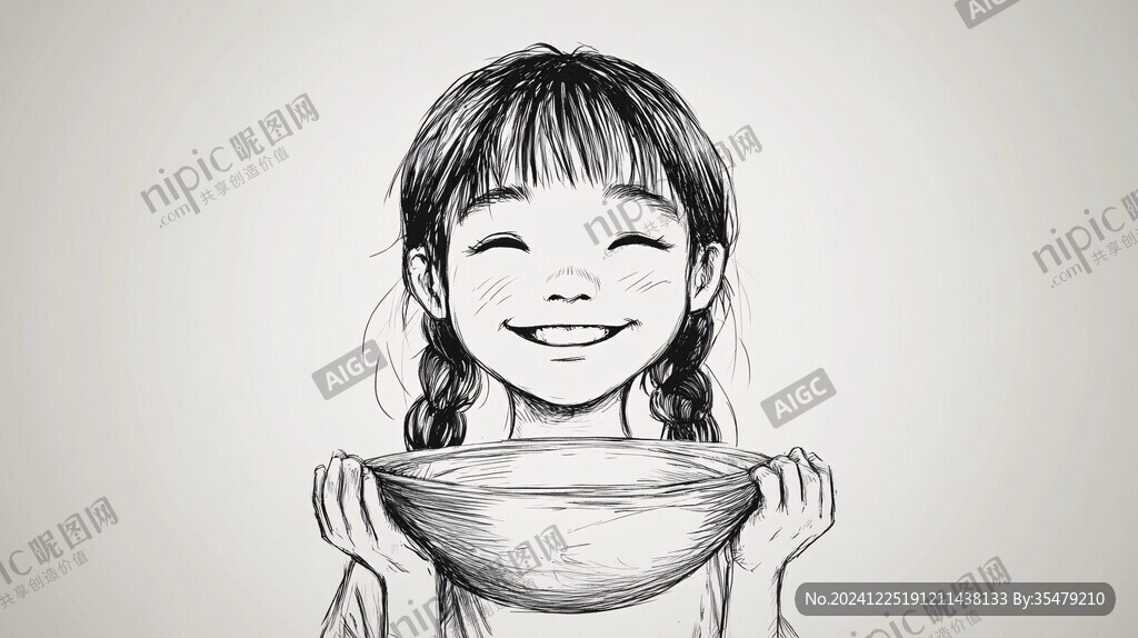 Ai创作图微笑女孩萌系列 早点线稿 手绘面膜女孩封面 手绘戴口罩的儿童 开心的女孩印花素材 正面人物插画 小女孩系列插画 女孩手绘插画 卡通小女孩吃粉条面条 写意小女孩 抱面包的女孩 手绘吃小