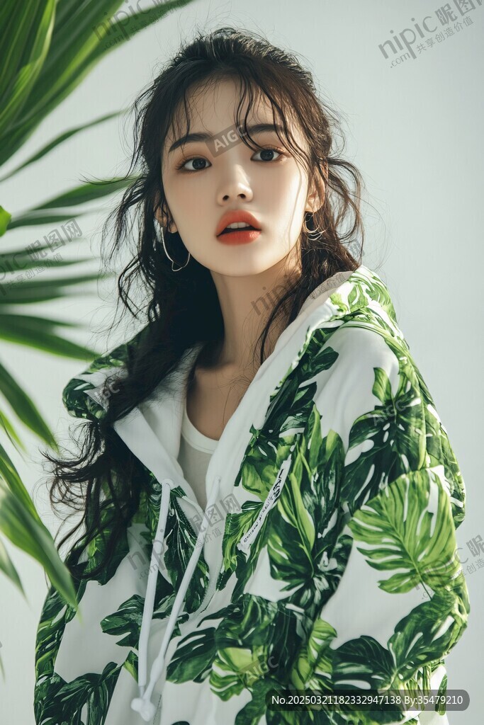 Ai创作图绿叶 神秘 女子 时尚 自然 探索 美丽 风格 叶子 植物 时尚潮流 女性 户外 绿色 活力 昵图网